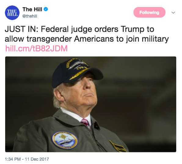Pentagon Will Accept Transgender Enlistment Jan 1 Despite Trumps