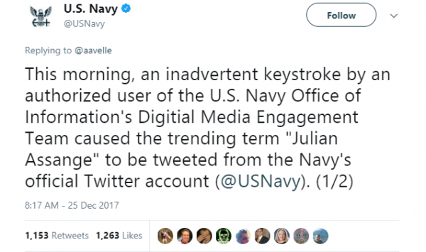 Navy sends inadvertent tweet about Julian Assange, and Assange replies ...
